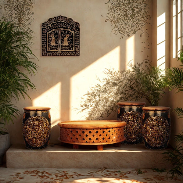 Handcrafted Mango Wood Stool with Geometric Panel Design – Kaarigraha